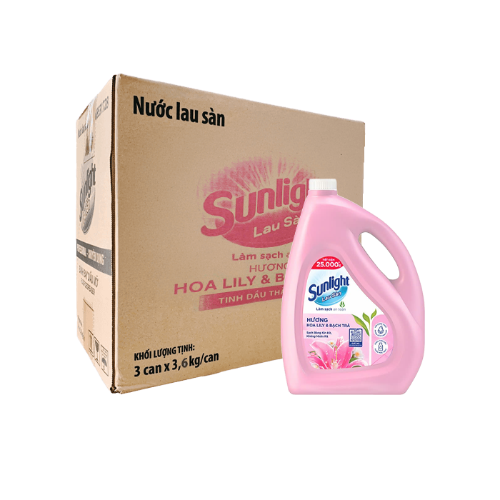 [Thùng] Nước Lau Sàn Sunlight Tinh Dầu Thảo Mộc Hương Lily Bạch Trà 3.6Kg x 3 Chai | KAMEREO